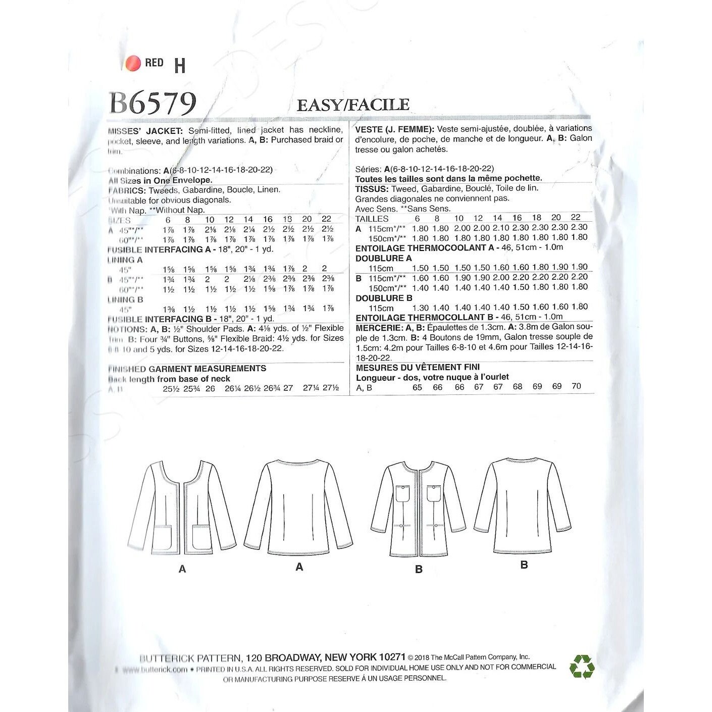 Butterick See and Sew Sewing Pattern 6579 Misses Jacket Size 6-22 - Etsy