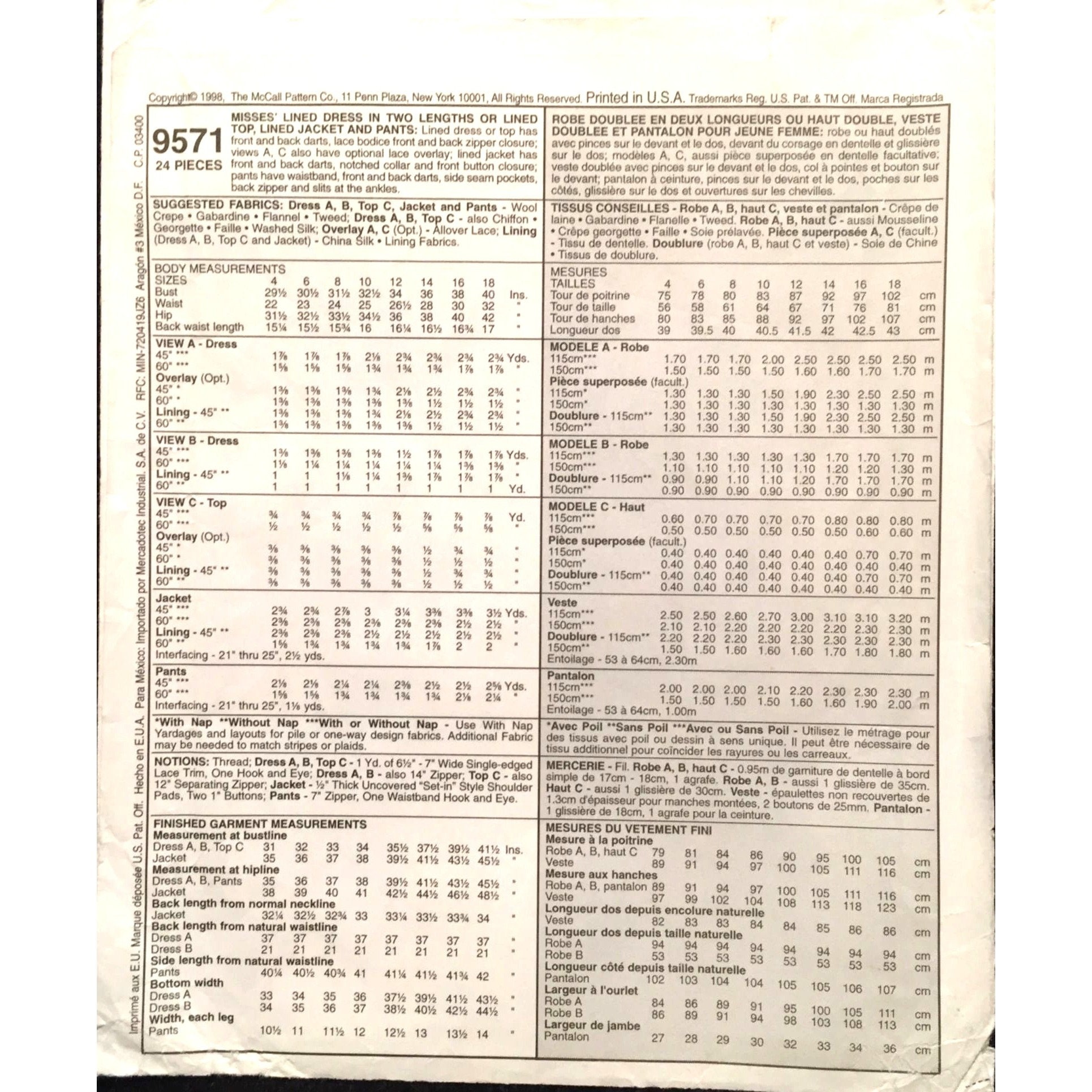 Mccall's Sewing Pattern 9571 Lined Dress or Top Jacket and - Etsy