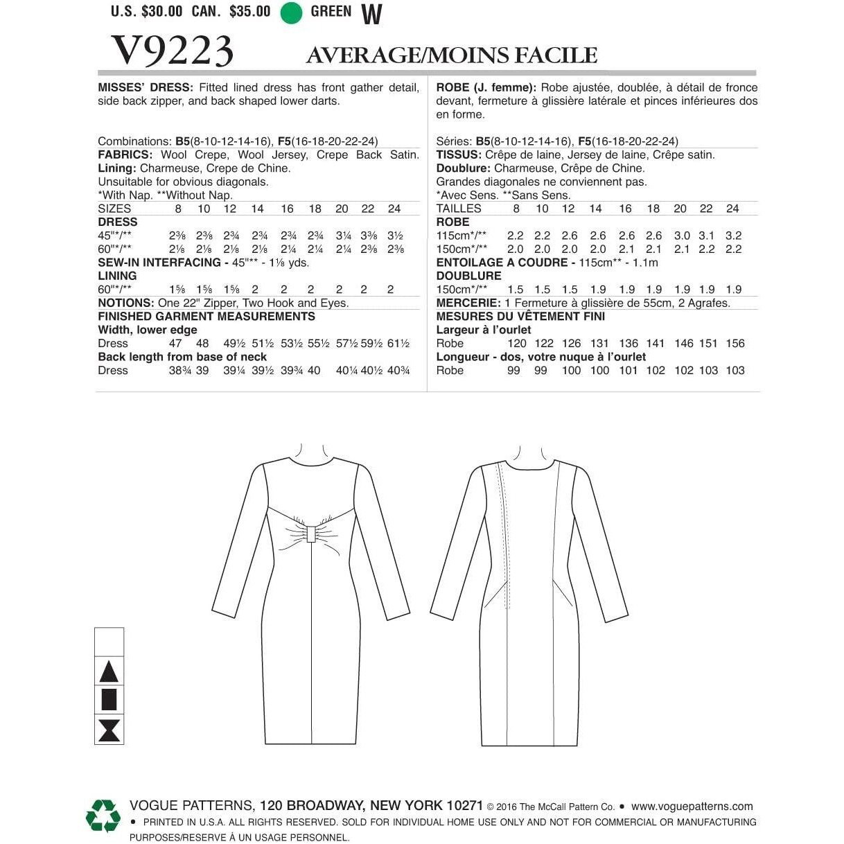 Vogue Sewing Pattern 9223 Fitted Dress Misses Size 16-24 - Etsy