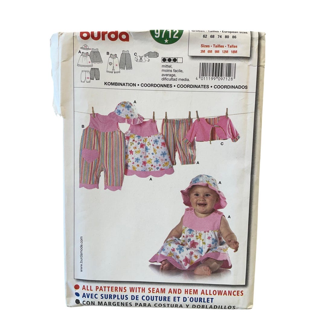 Burda 9712 Baby Sewing Pattern Coordinates Dress Hat Pants Sizes 3M-18M ...