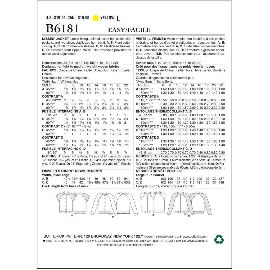 Butterick Sewing Pattern 6181 Jacket Misses Size 14-22 - Etsy