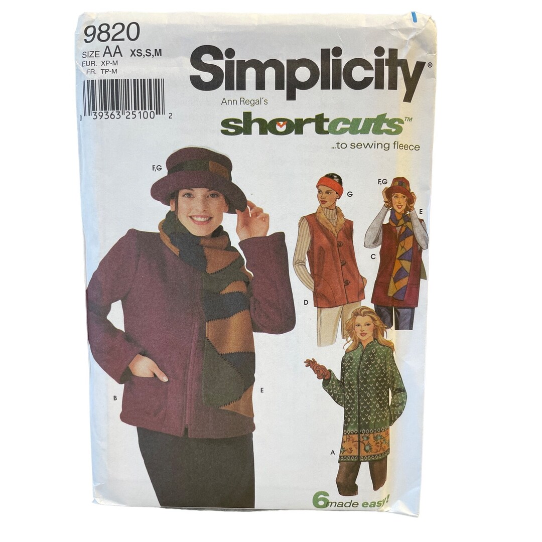 Simplicity Sewing Pattern 9820 Coat Jacket Vest Scarf Hat Headband ...