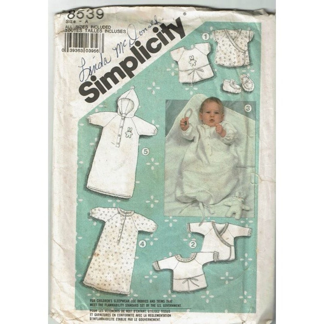 Simplicity Sewing Pattern 8539 Baby Layette Sleepwear VTG PARTIAL CUT ...