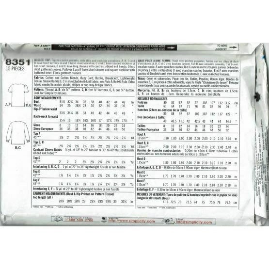 Simplicity Sewing Pattern 8351 Misses Tops Size 8-12 Nursing - Etsy