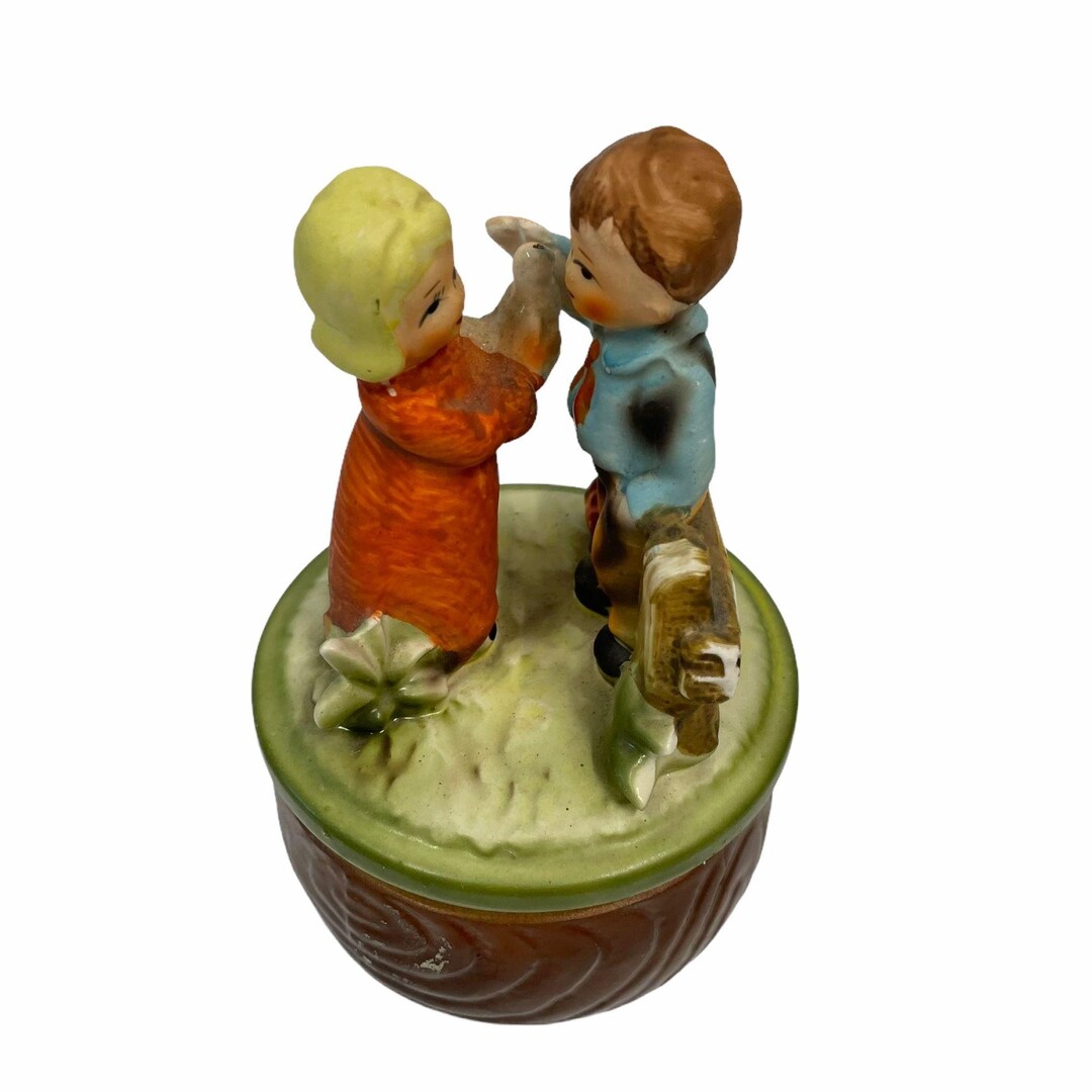 SANKYO Japan Music Box With Ceramic Rotating Boy and Girl With Bird ...