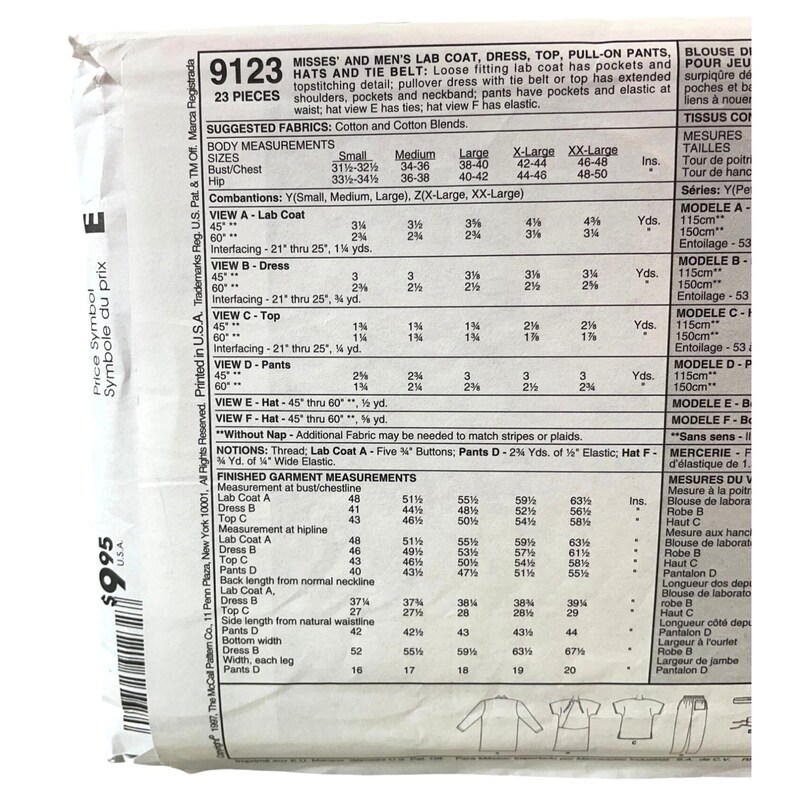 Mccalls Sewing Pattern 9123 Uniform Scrubs Top Bottom Cap Unisex Size ...