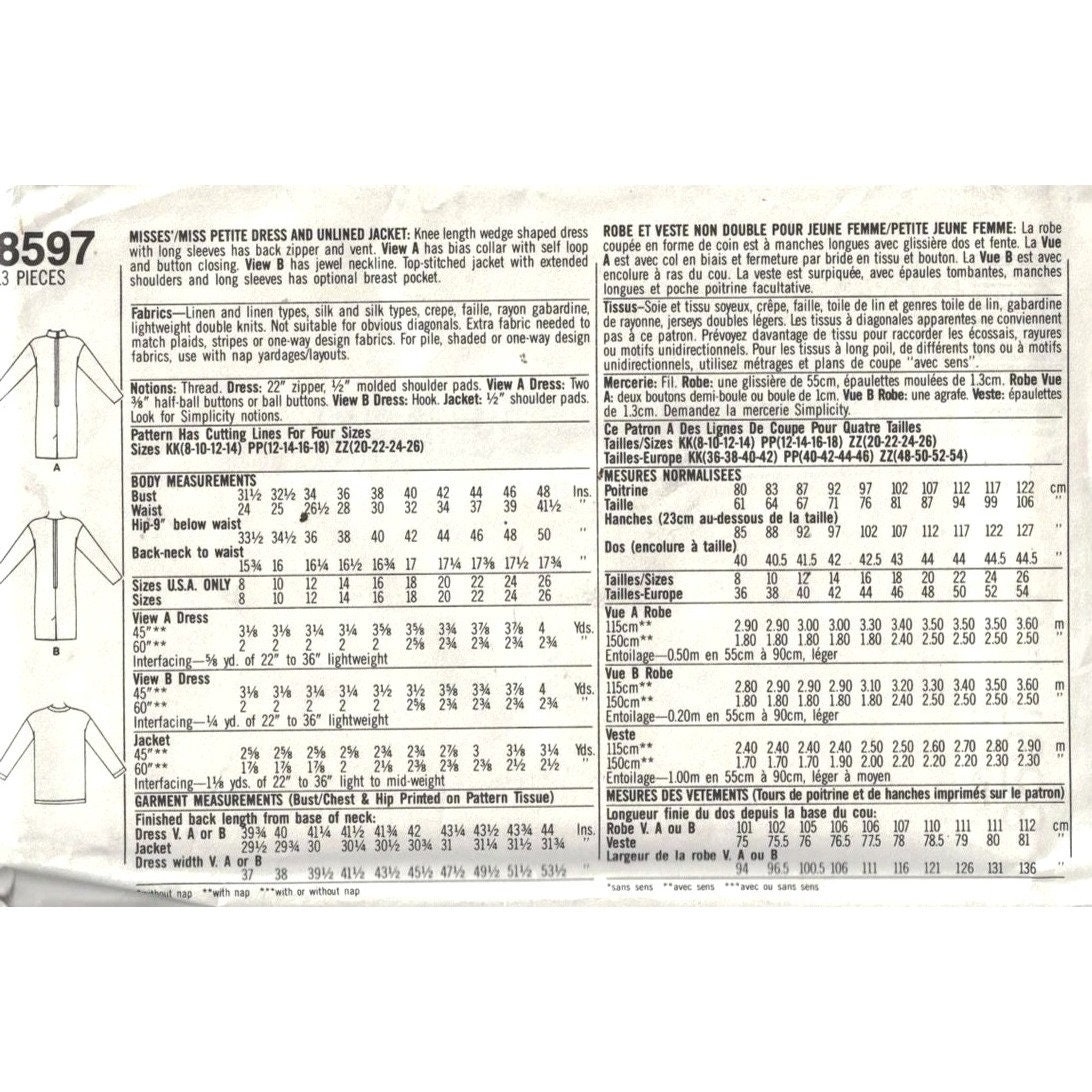 Simplicity Sewing Pattern 8597 Womens Dress Jacket Size 20-26 - Etsy