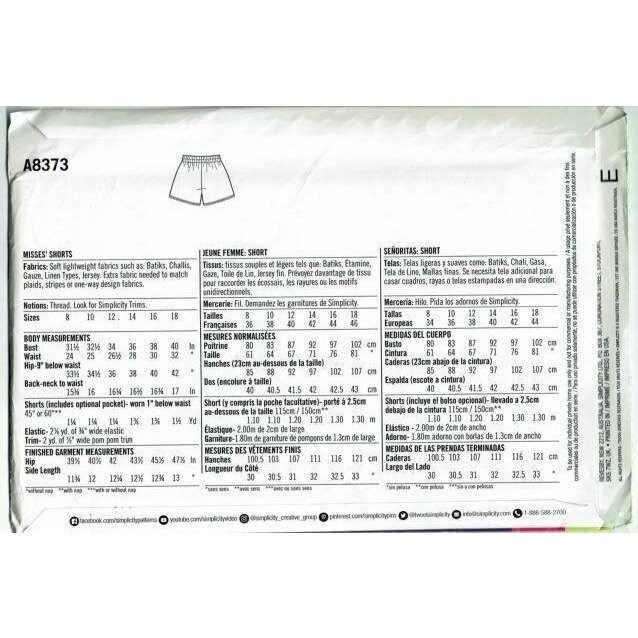 Simplicity Sewing Pattern 8373 Misses Shorts Size 8-18 - Etsy