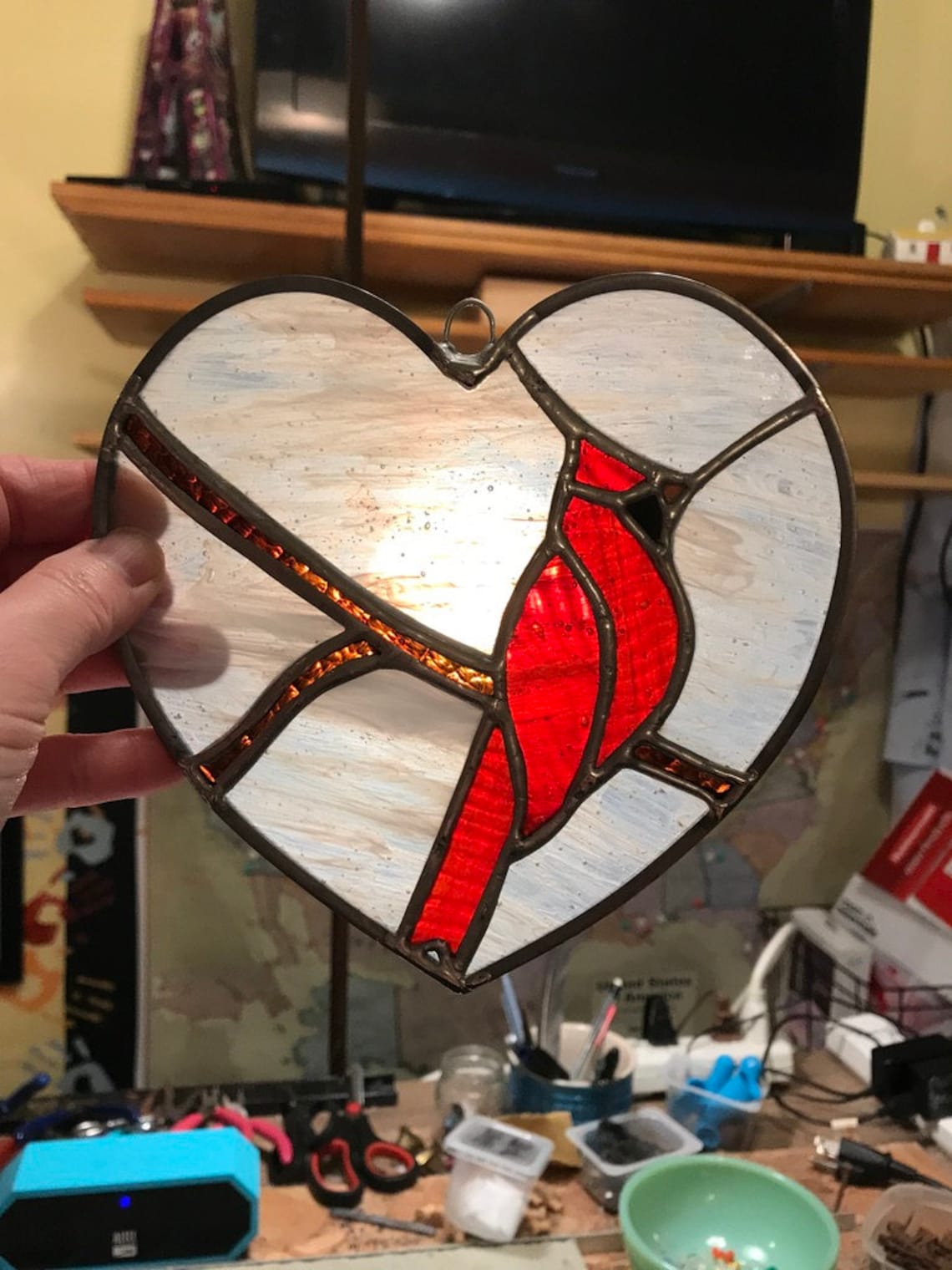 Cardinal Heart Stained Glass | Etsy
