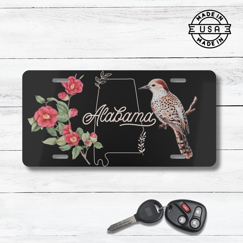 Alabama State Bird and Flower Car Tag | Camellia & Yellowhammer License ...