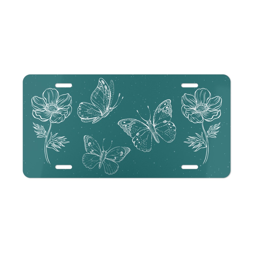 Hand Drawn Flowers and Butterflies License Plate, Botanical Vanity Car ...