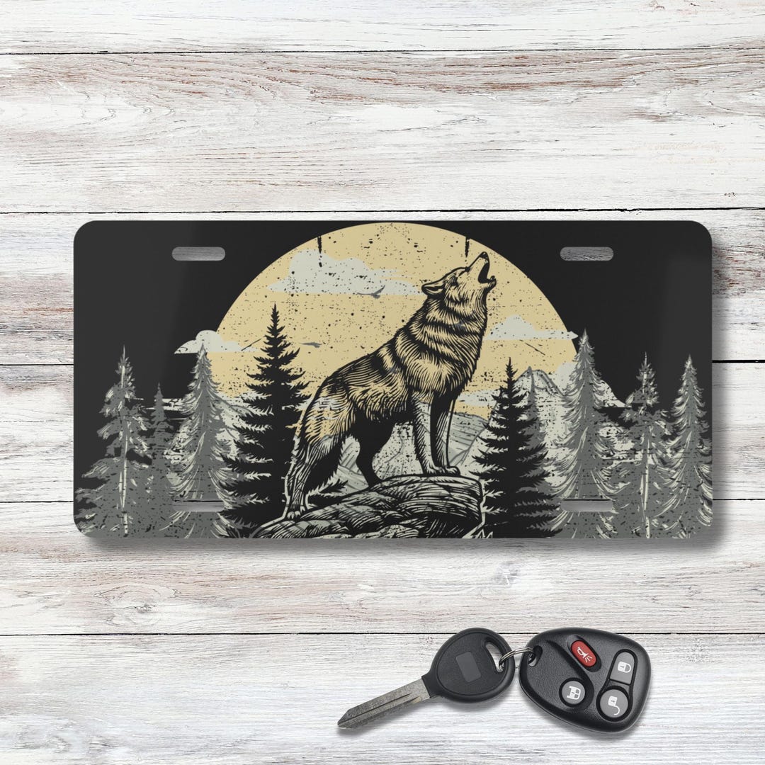 Wolf Car Tag | Retro Sunrise Vanity Plate | Rustic Western Auto Decor ...
