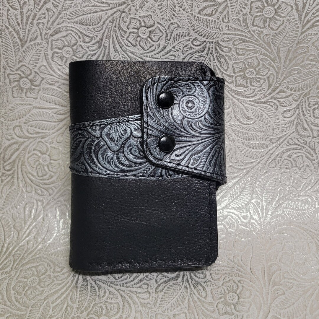 Bifold Button Bill Fold Wallet, Black and Silver Floral - Etsy