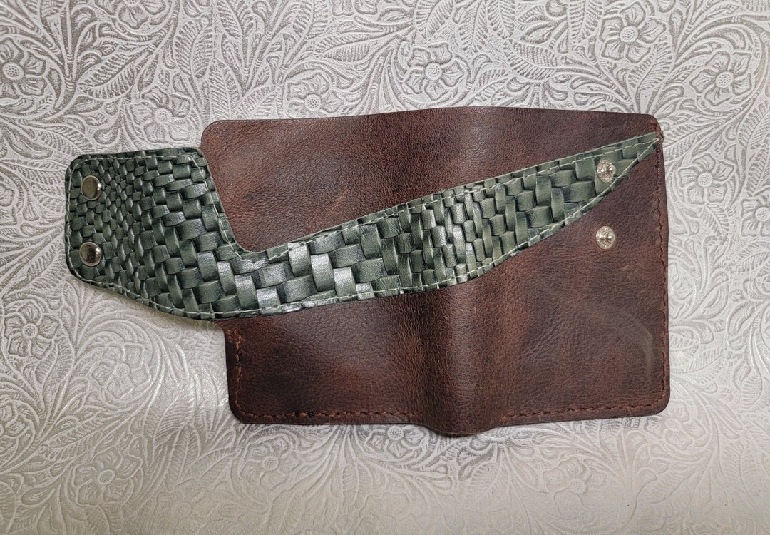 Bifold Button Bill Fold Wallet, Brown, Green Woven Embossment - Etsy