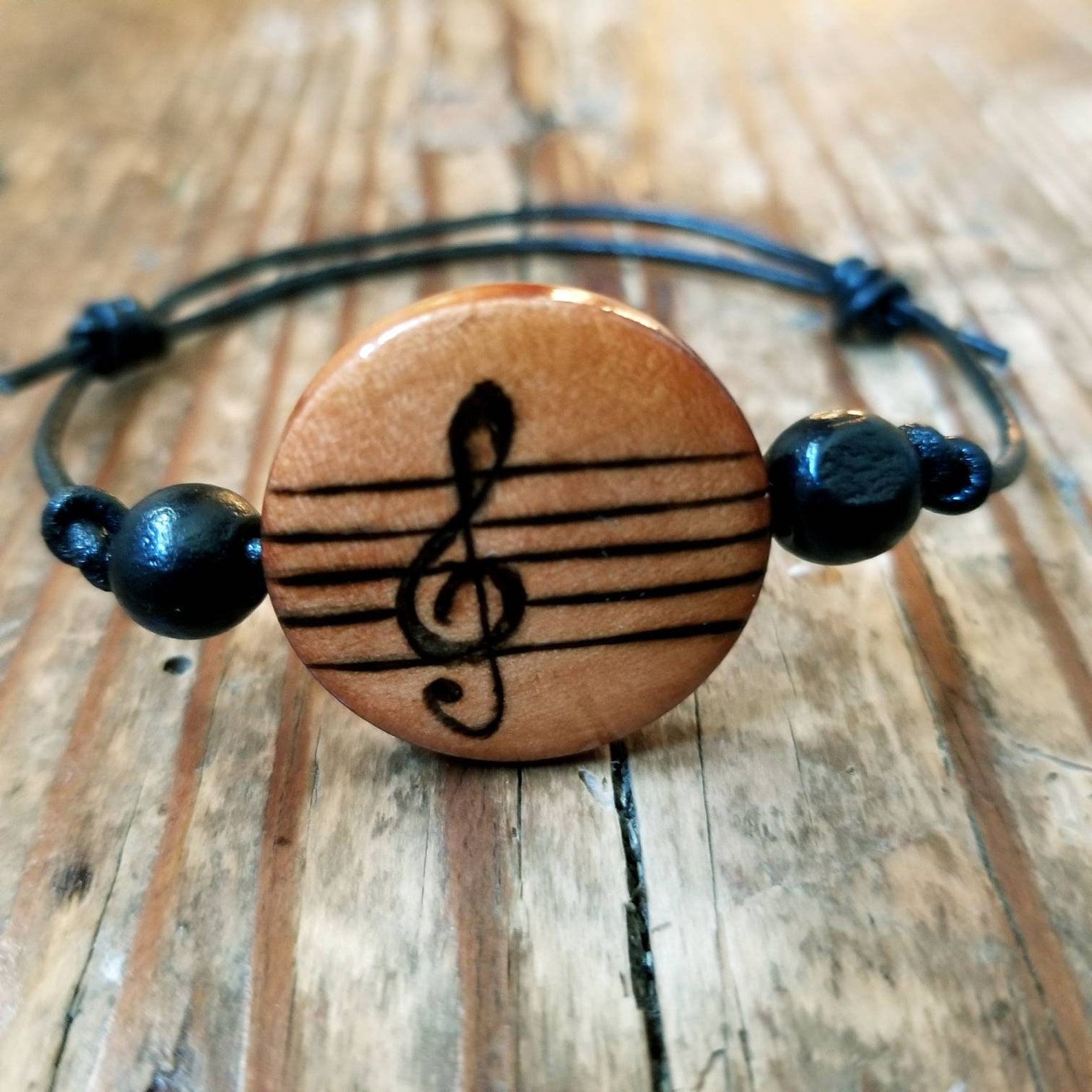 Handburned Music note wooden bead boho/hippie bracelet with a | Etsy