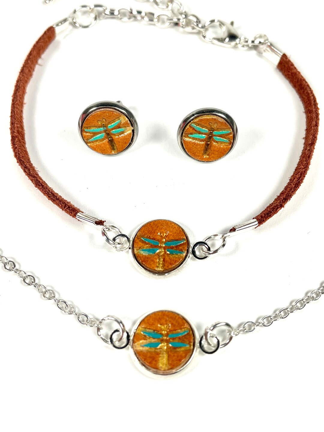 Handmade Leather Dragonfly Jewelry Set: Stainless Steel Studs, Choker ...