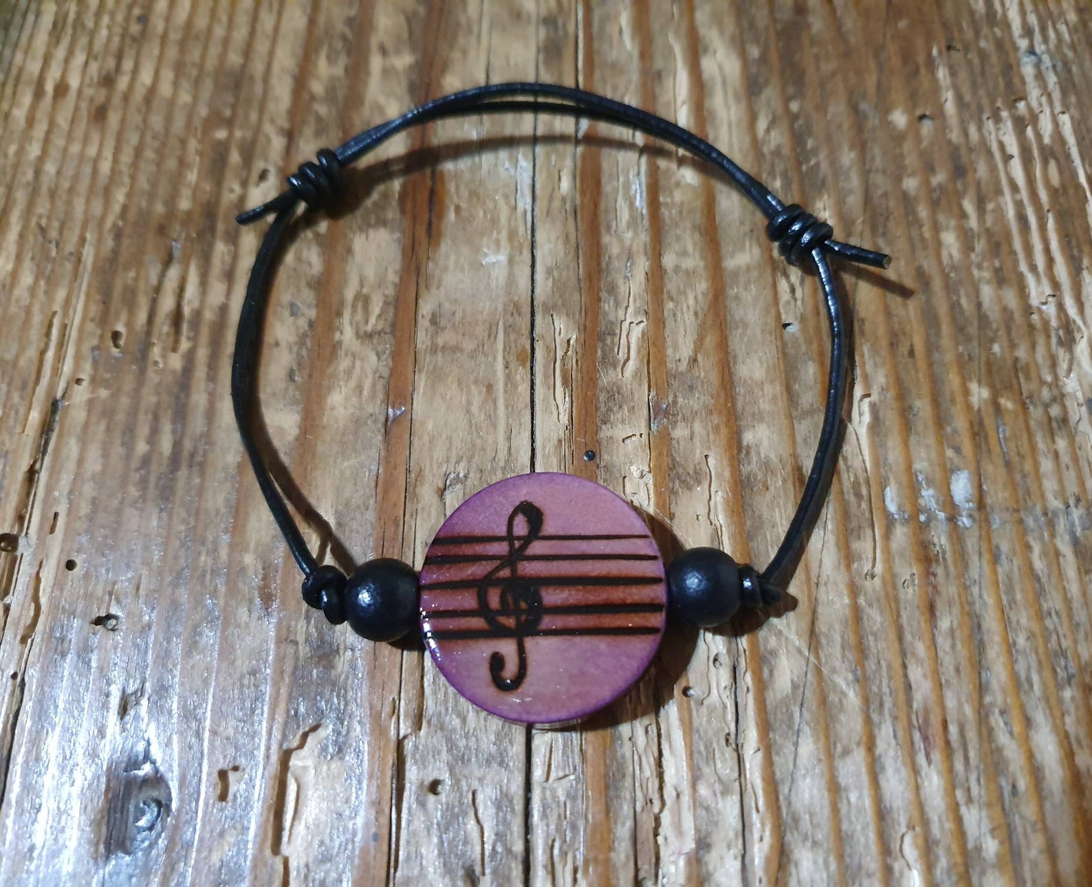 Handburned Music note wooden bead boho/hippie bracelet with a | Etsy