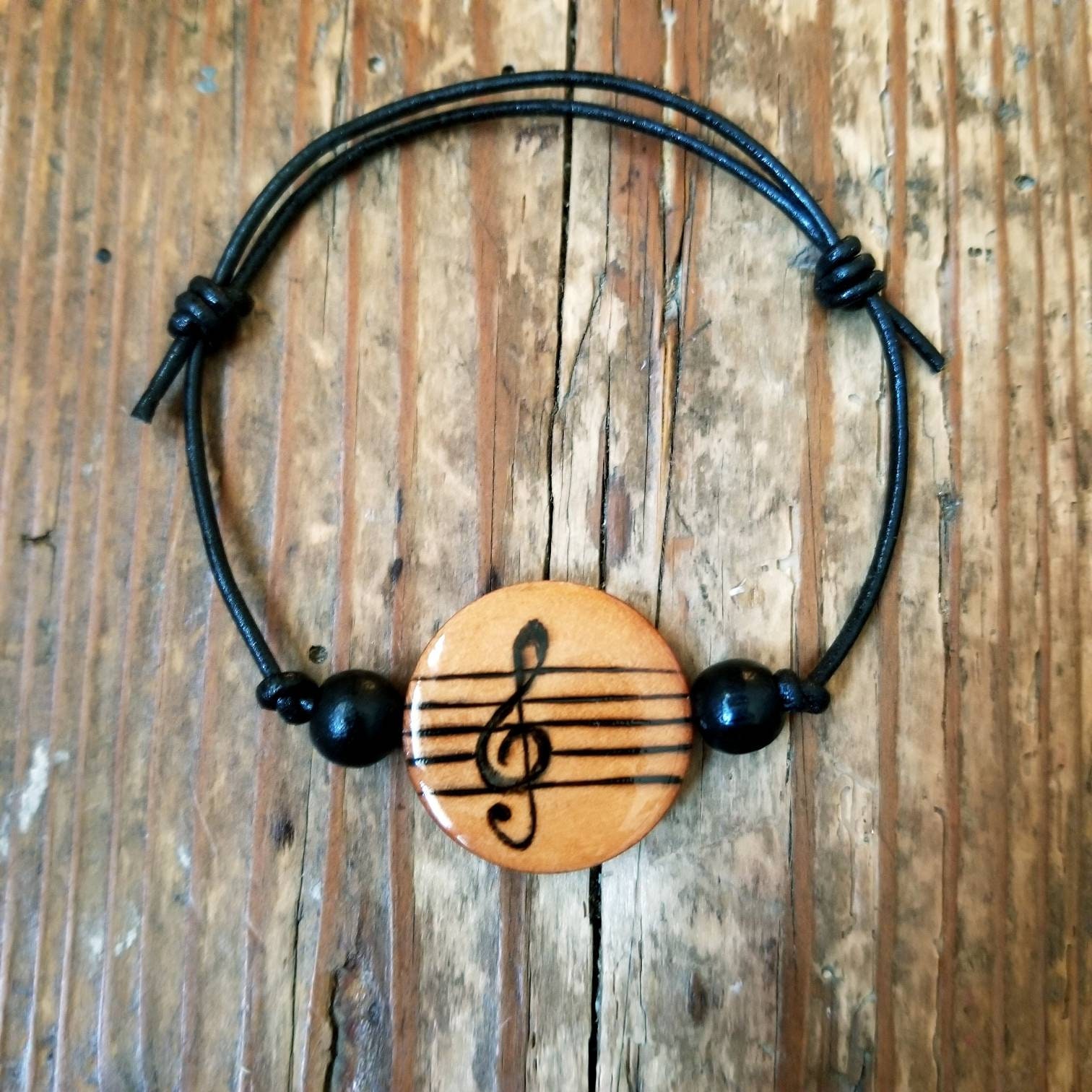 Handburned Music note wooden bead boho/hippie bracelet with a | Etsy