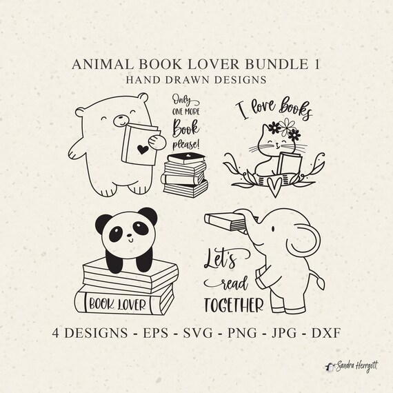 Animal Book Lover Svg Bundle Bear Reading Cricut Cute Cat Book | Etsy