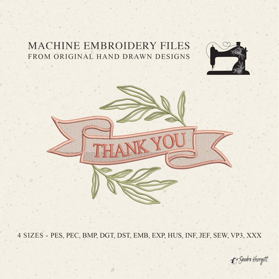 Thank You Banner Machine Embroidery Design Pattern, Cute Hand-lettered ...