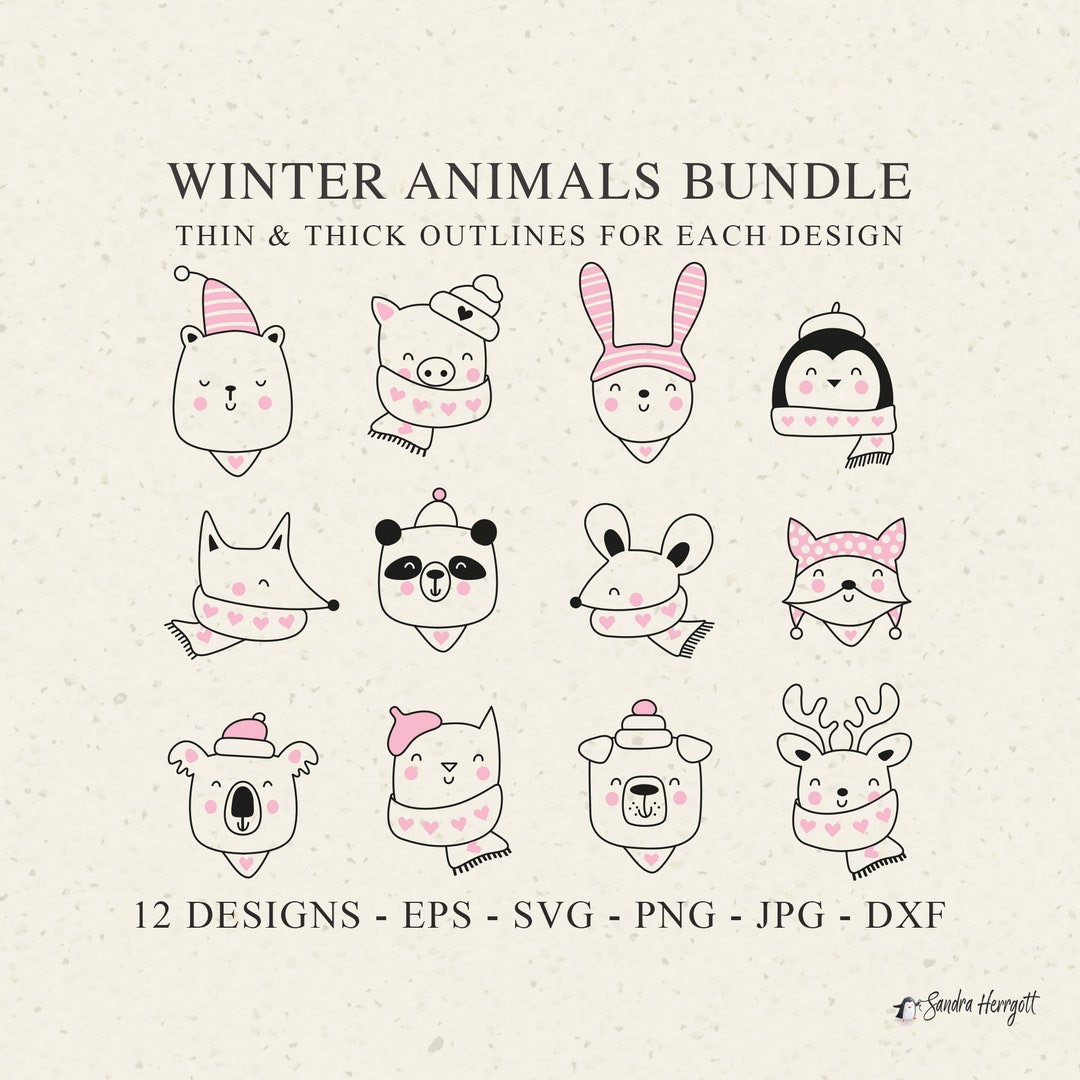 Winter Animals Plotter Files SVG DXF PNG Xmas Bear Penguin Fox Bunny ...