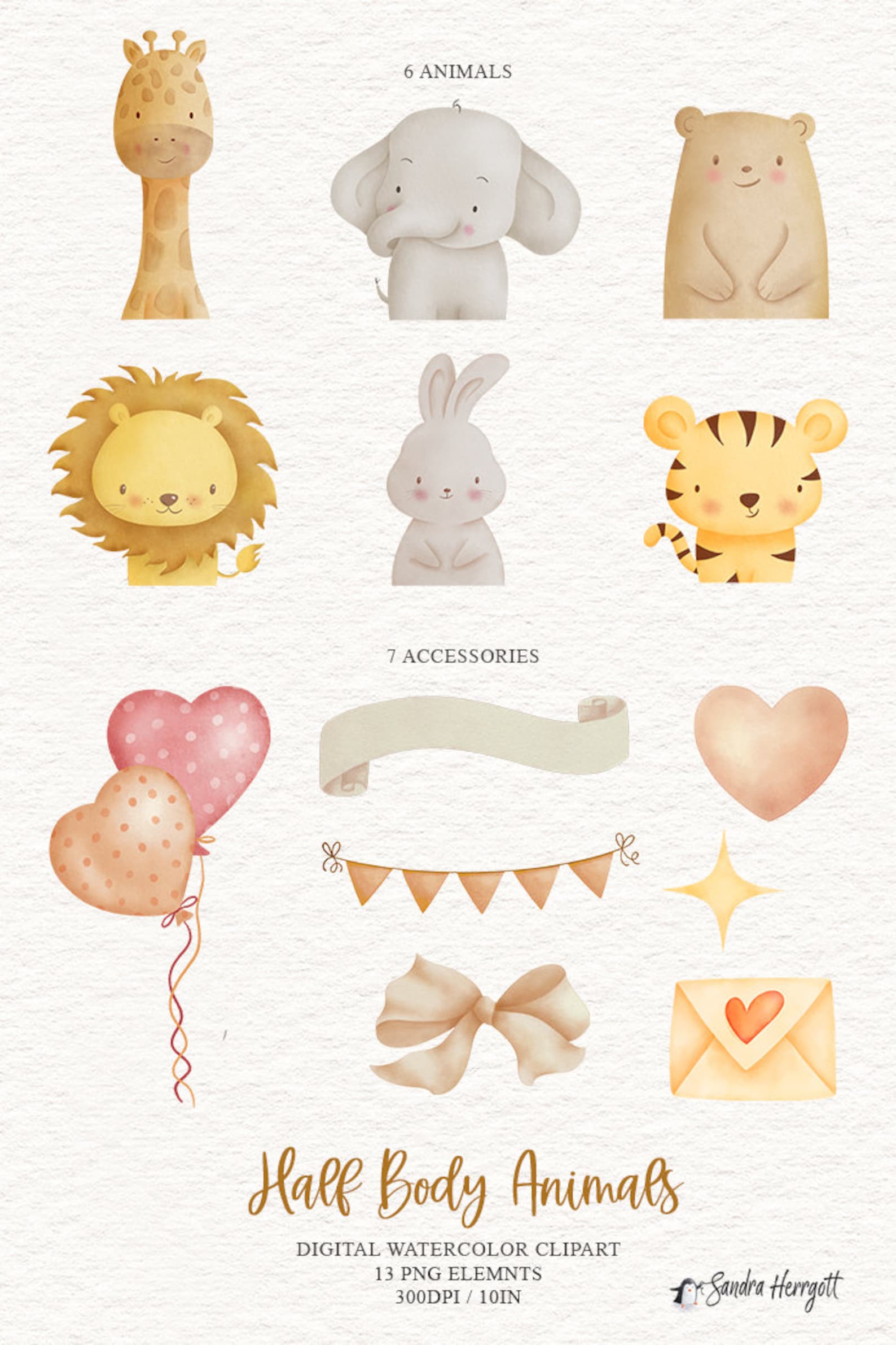 Half Body Animal Watercolour Clipart Set File Png, Baby Tiger Lion ...
