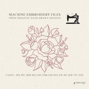 Peony Flower Machine Embroidery Design Pattern, Cute Botanical Digital ...