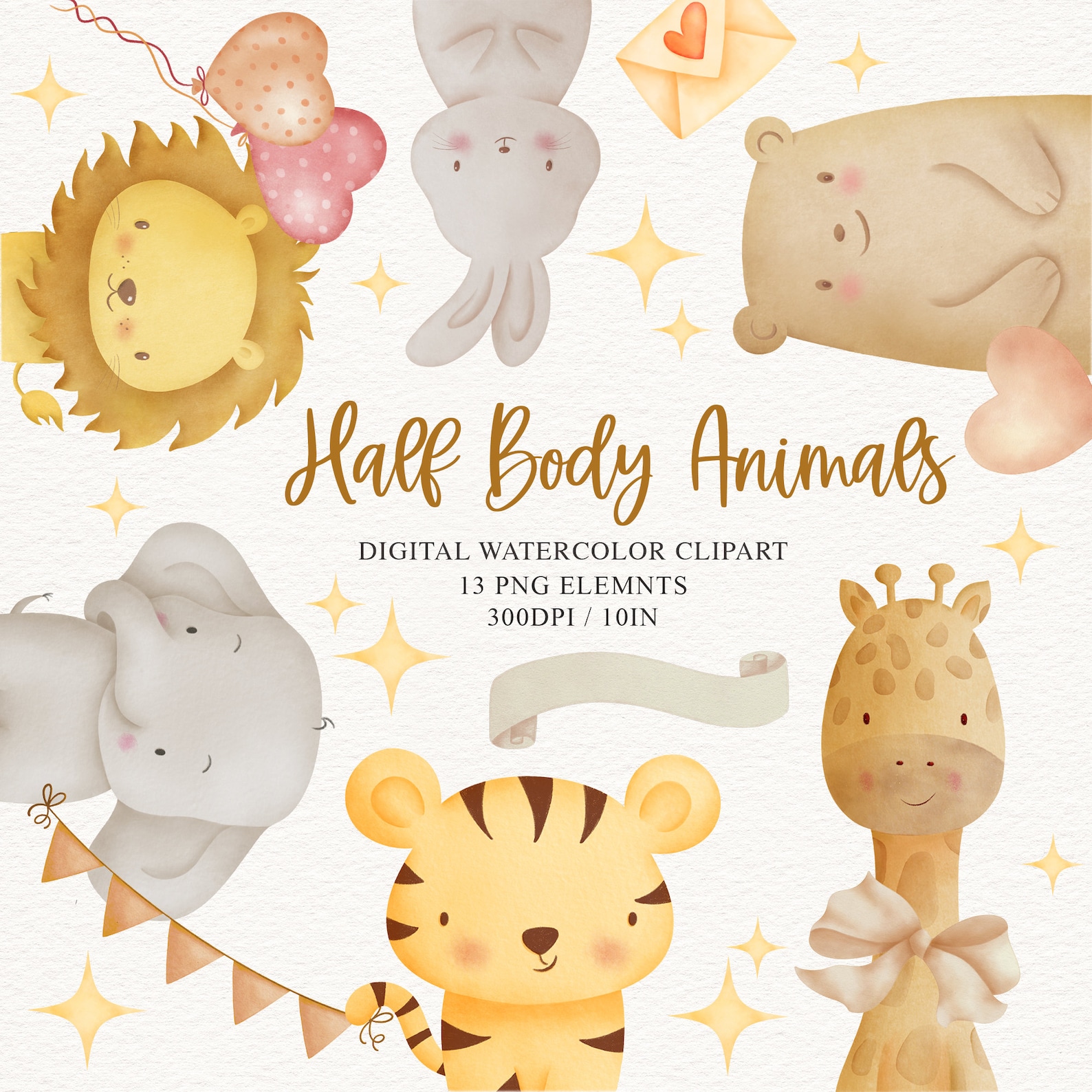 Half Body Animal Watercolour Clipart Set File Png, Baby Tiger Lion ...