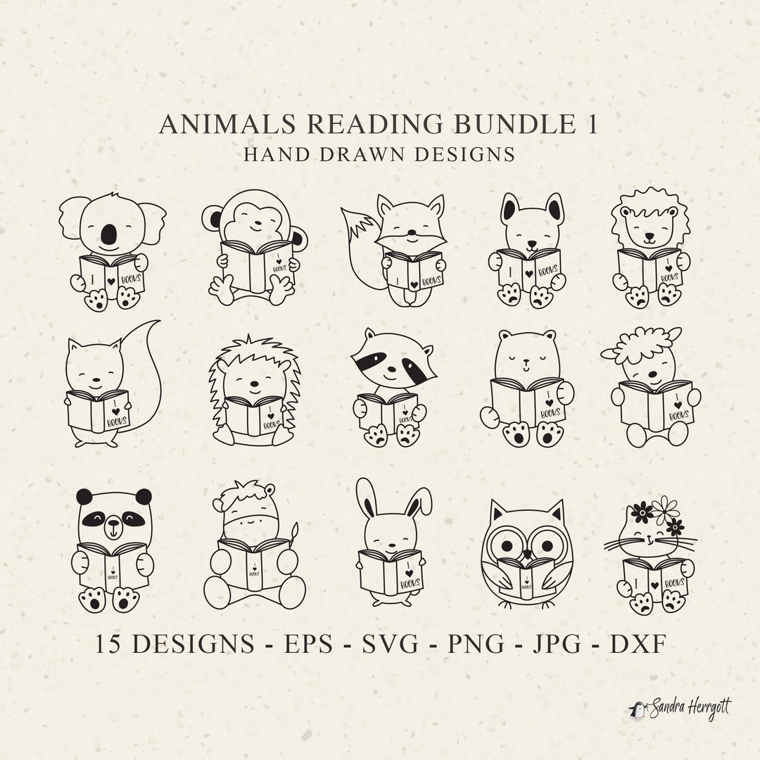 Animal Reading Plotter File SVG DXF PNG Lion Fox Koala Bear Sheep ...