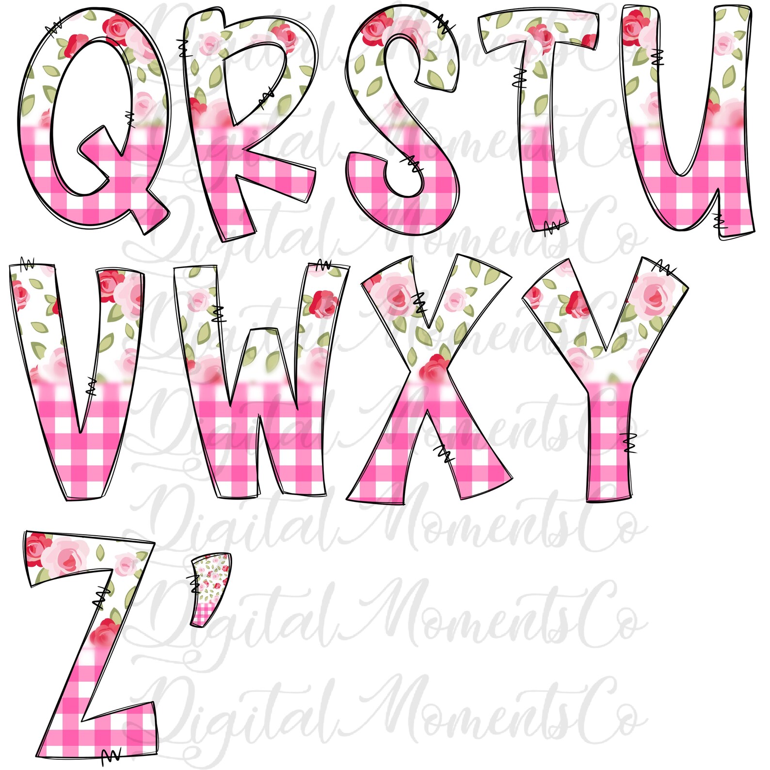 Floral and Pink Gingham Doodle Letters Digital Download | Etsy
