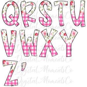 Floral and Pink Gingham, Doodle Letters, Digital Download, PNG ...