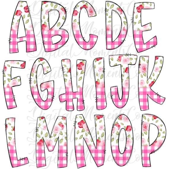 Floral and Pink Gingham Doodle Letters Digital Download | Etsy