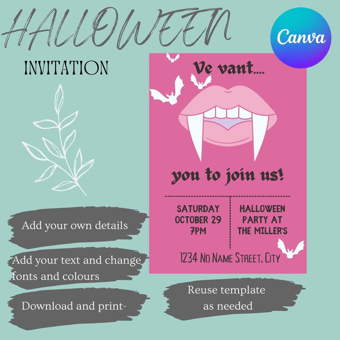 Editable Halloween Party Invitations Custom Invite Vampire - Etsy