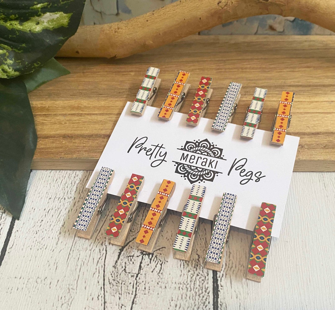 Set of 12 Mini Wooden Pegs, Small Patterns Wooden Pegs, Pretty Pegs ...