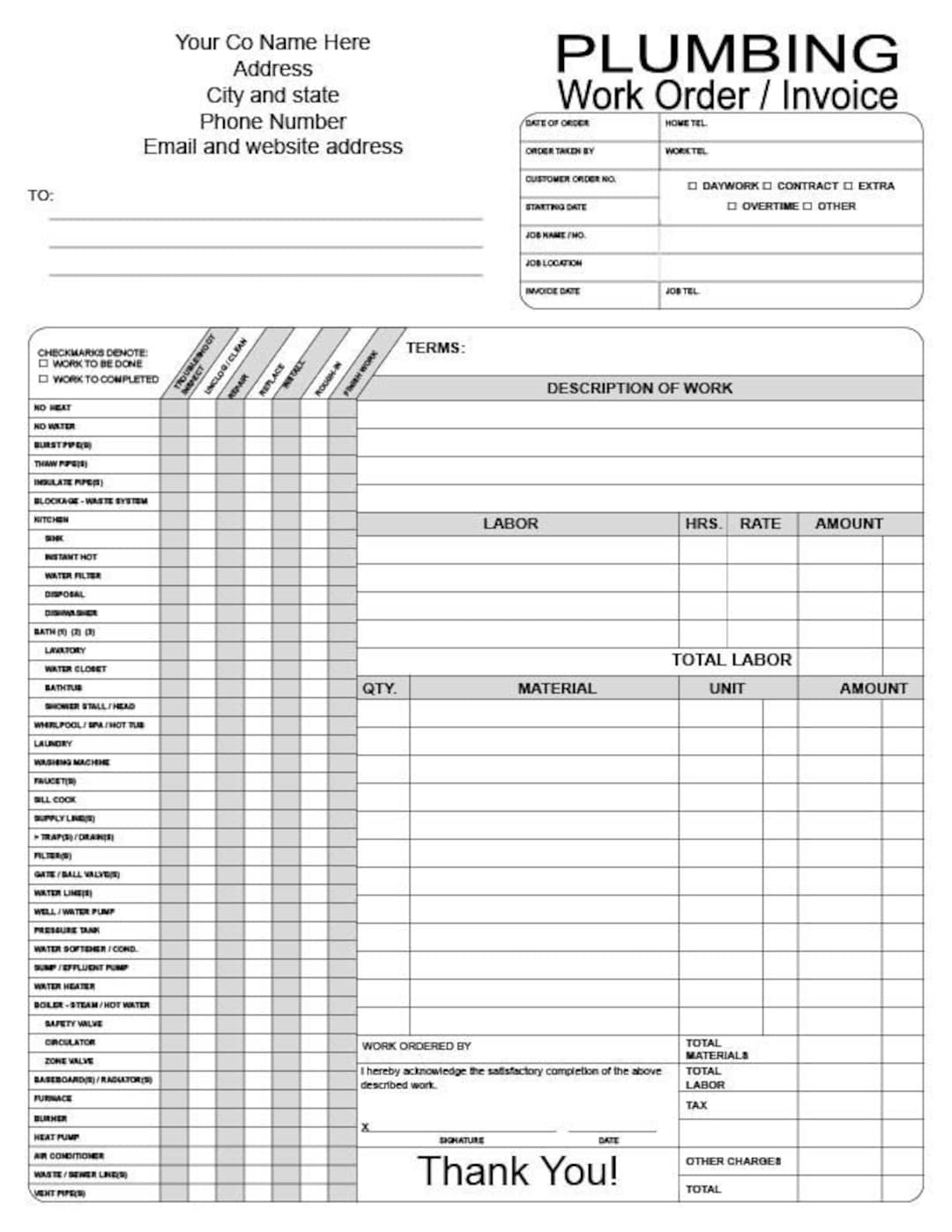 100 2 Part NCR Plumbing Work Order / Invoice 81/2" X 11" Black and ...