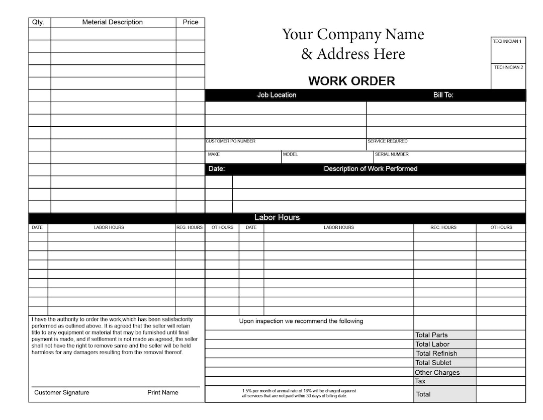 3 Part NCR Auto Repair Form 8.5" X 11" Numbered, Perforated on Left ...