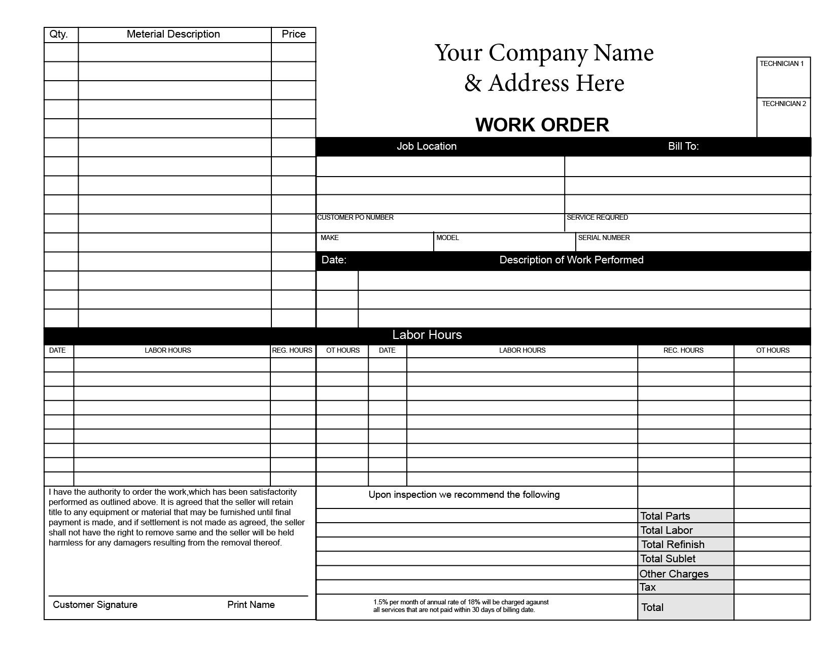 3 Part NCR Auto Repair Form 8.5" X 11" Numbered, Perforated on Left ...
