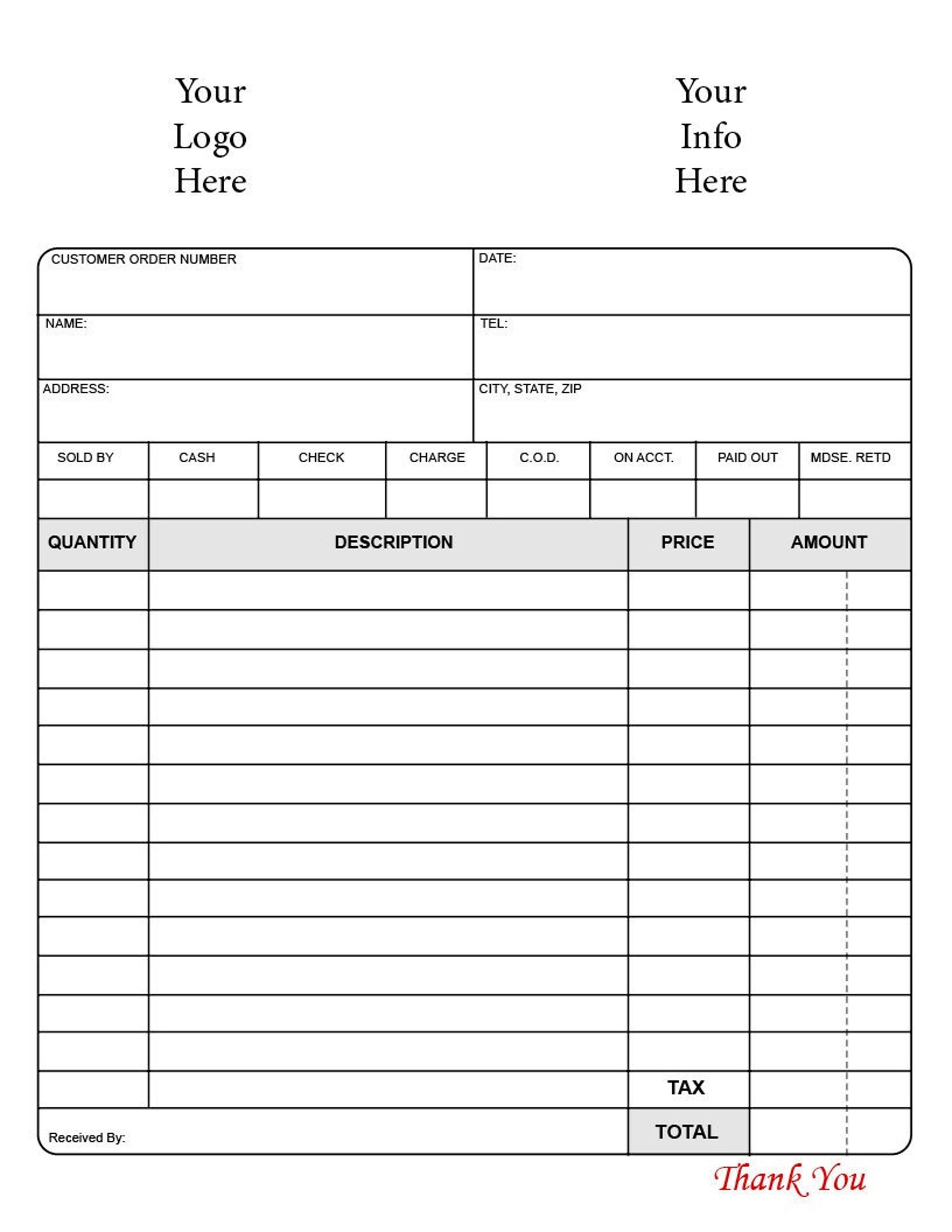 100 Sets 3 Part NCR Form 8.5 X 11 Custom With Your Business Info and ...
