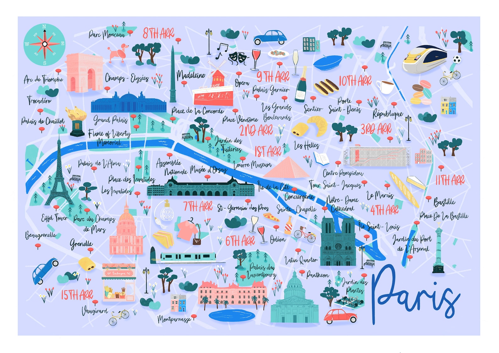 Map of Paris, Paris Travel Print, Hand Drawn Map, French Travel Print ...
