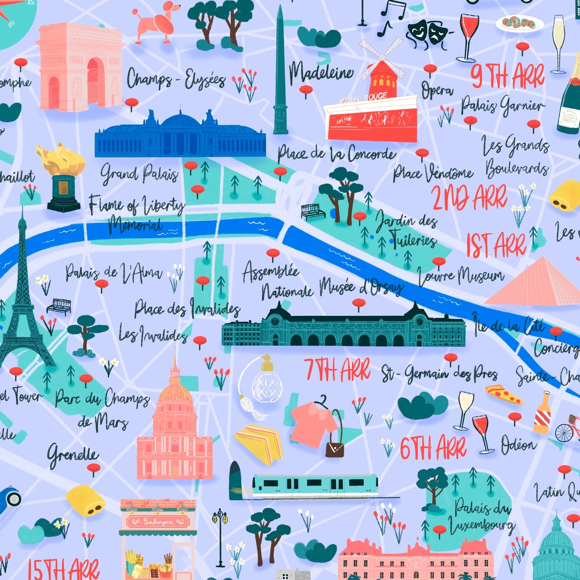 Map of Paris Paris Travel Print Hand Drawn Map French - Etsy UK