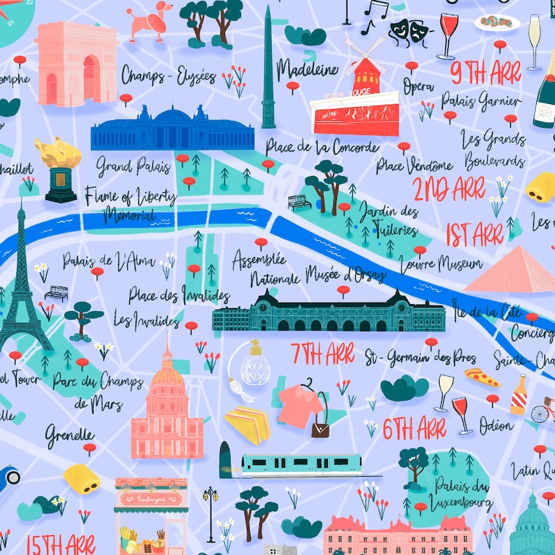 Map of Paris Paris Travel Print Hand Drawn Map French - Etsy