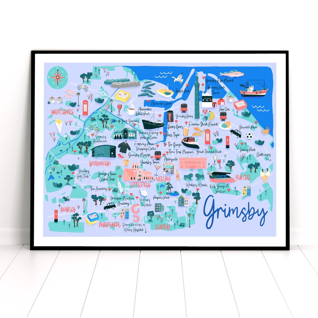 Map of Grimsby, Grimsby Travel Print, Hand Drawn Map, Children’s ...
