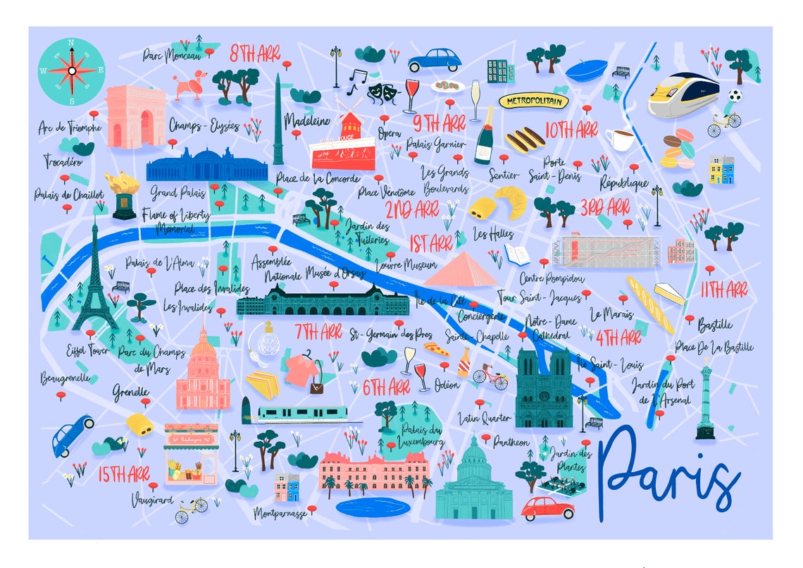 Map of Paris Paris Travel Print Hand Drawn Map French - Etsy