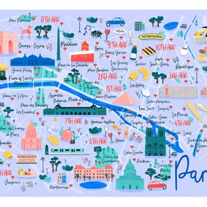 Map of Paris Paris Travel Print Hand Drawn Map French - Etsy UK