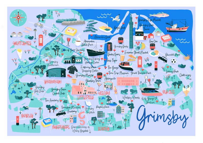 Map of Grimsby Grimsby Travel Print Hand Drawn Map - Etsy UK