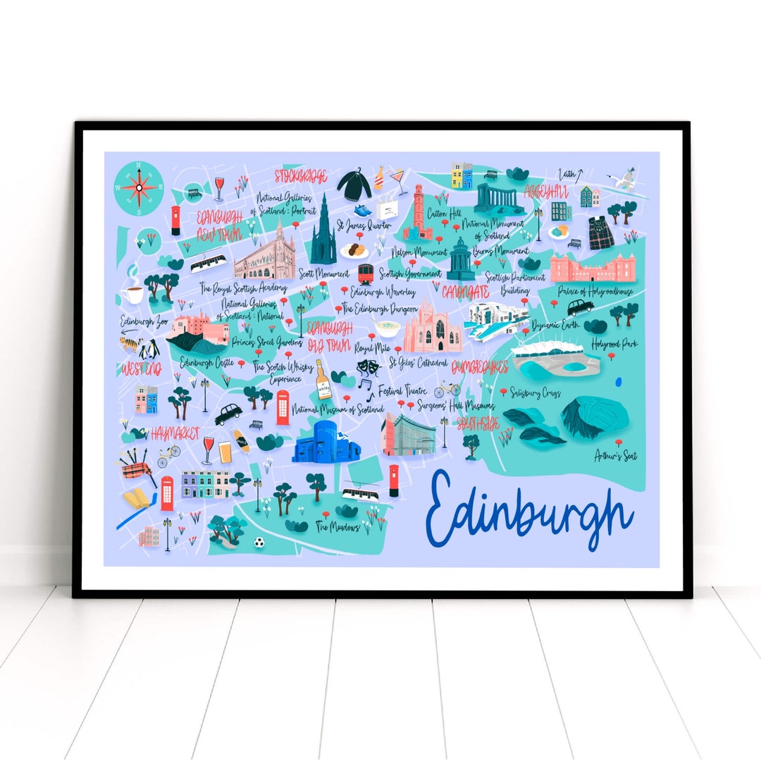 Map of Edinburgh, Edinburgh Travel Print, Hand Drawn Map, Scottish ...