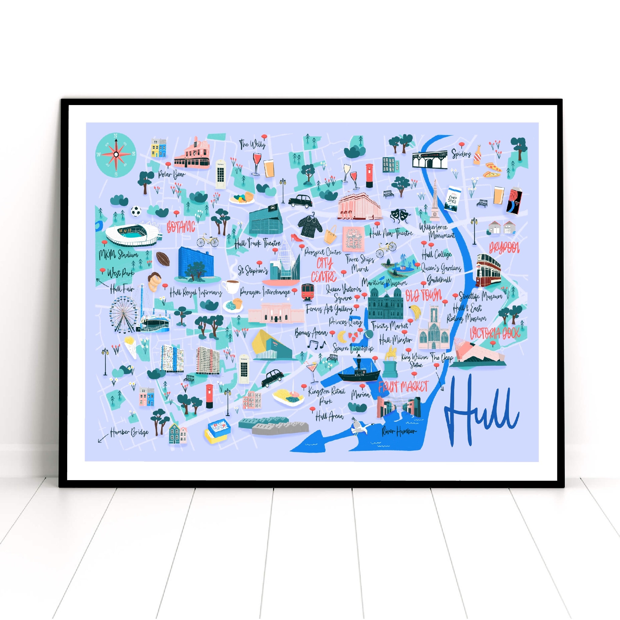Map of Hull, Hull Travel Print, Hand Drawn Map, British Travel Print ...
