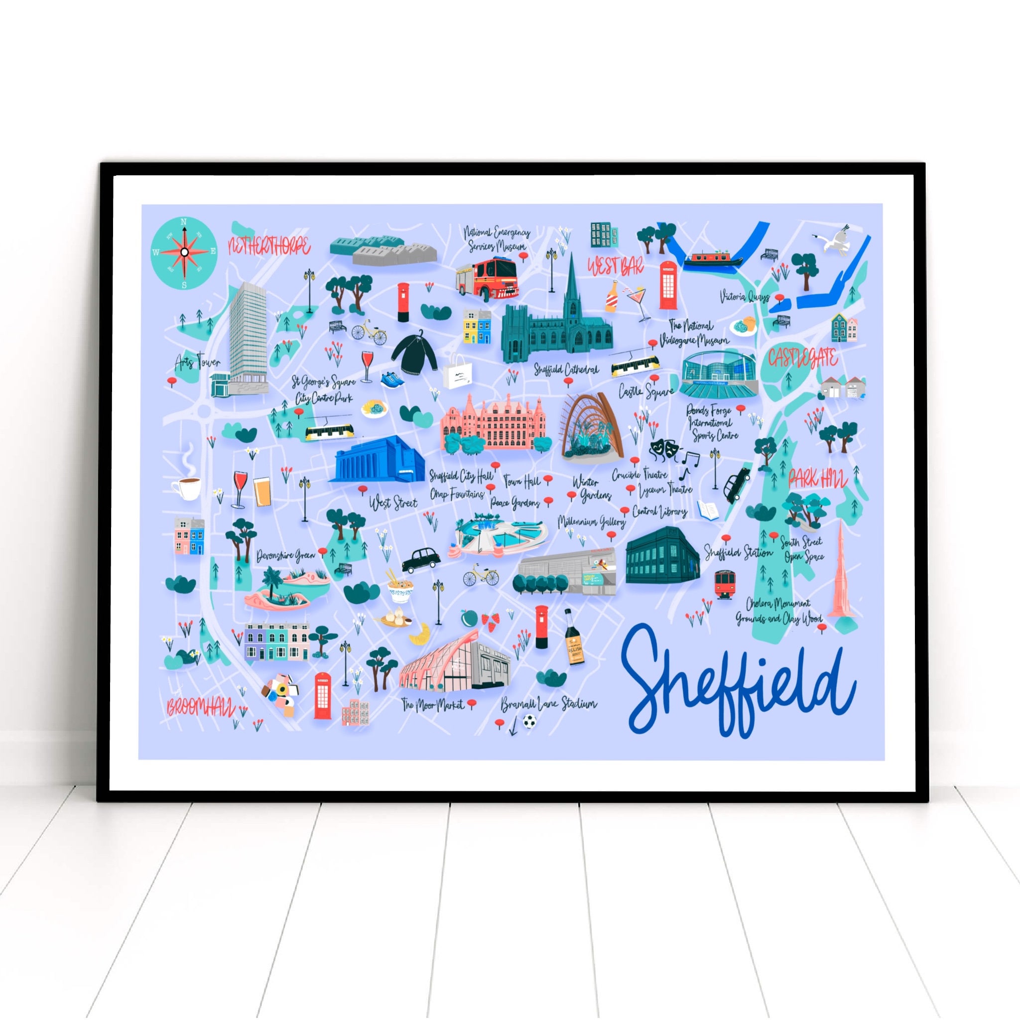 Map of Sheffield, Sheffield Travel Print, Hand Drawn Map, British ...