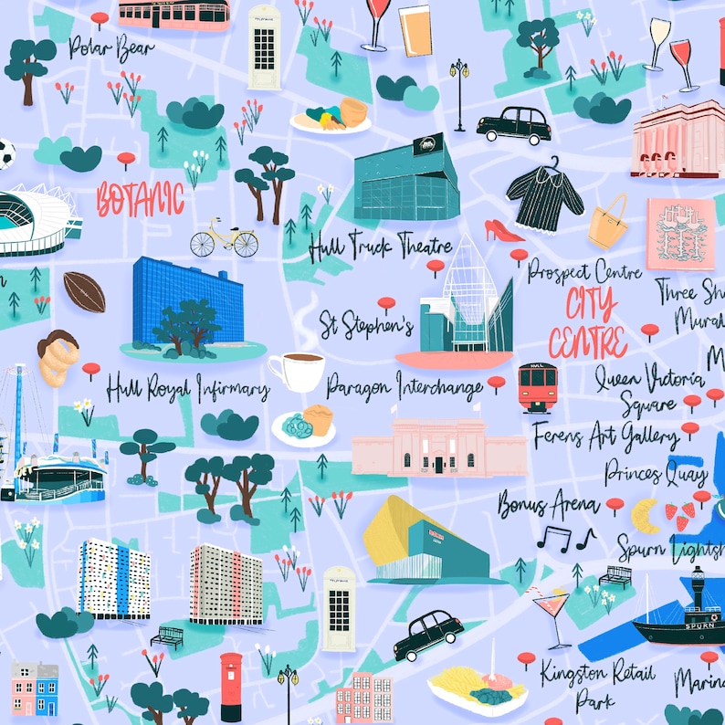 Map of Hull, Hull Travel Print, Hand Drawn Map, British Travel Print ...