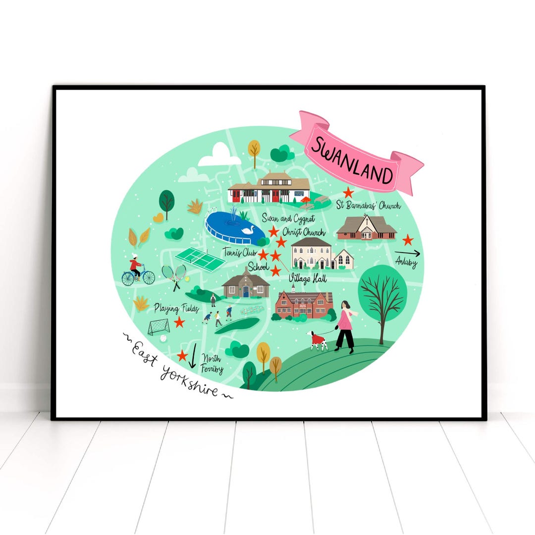 Map of Swanland, Swanland Travel Print, Hand Drawn Map, Wall Art ...